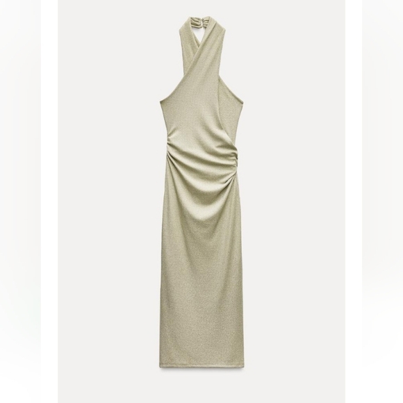 Zara | Dresses | Zara Halter Neck Metallic Thread Knit Midi Dress Szl ...